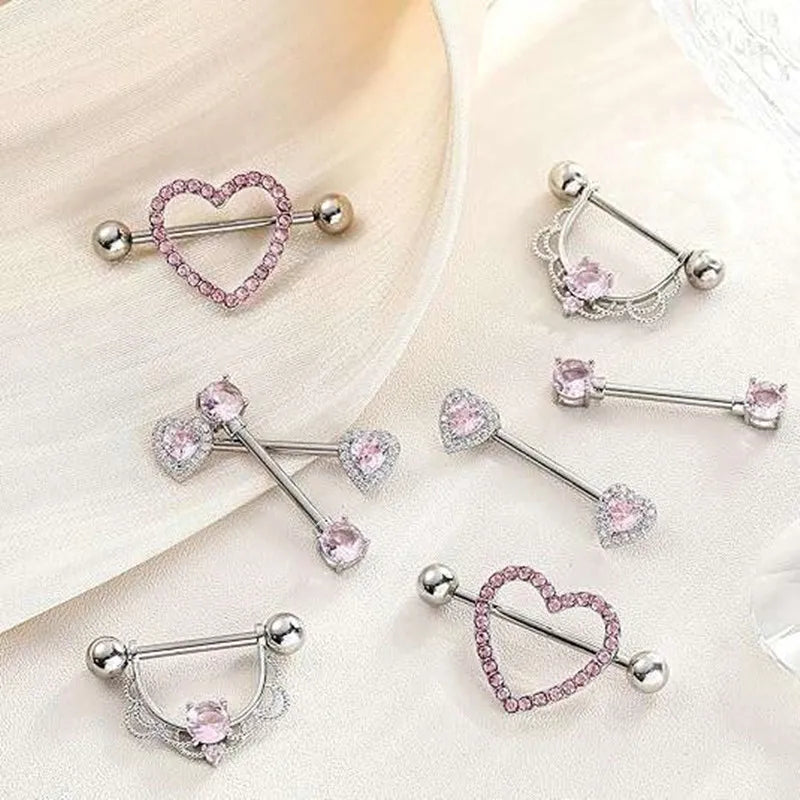 Pink Heart Nipple Piercing Barbell Set Shiny Crystal Nipple Rings Bulk ...